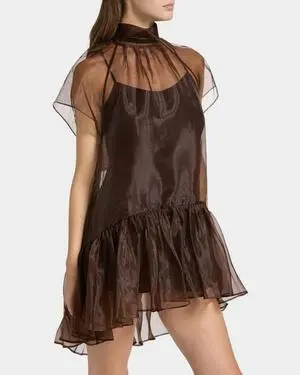 Simkhai Beaux Tiered Organza Mini Dress Chocolate