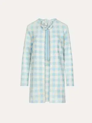 Oscar De La Renta Gingham Jacquard Coat With Floral Appliqu