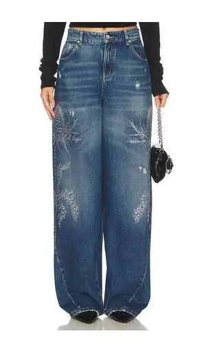 Blumarine Embroidered Denim Wide Leg - Peacoat & Warm Sand