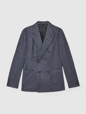 REISS Pinto Double-breasted Herringbone Blazer Tailored-fit Wool-blend - Navy