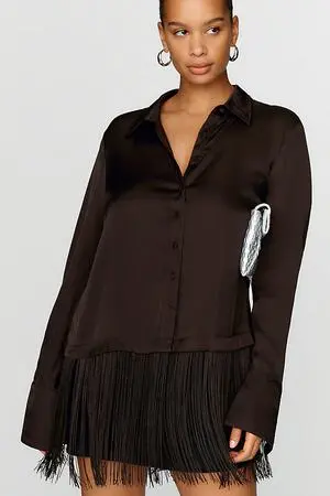 Anthropologie Silky Fringed Buttondown Blouse - Ganache