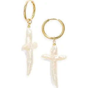 CHILD OF WILD Esther Freshwater Pearl Cross Huggie Hoop Earrings - Gold