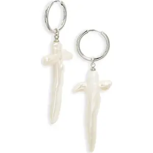CHILD OF WILD Esther Freshwater Pearl Cross Huggie Hoop Earrings - Silver