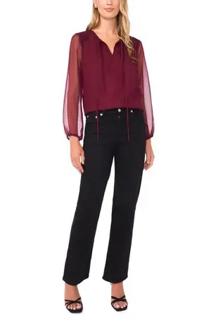 Vince Camuto Sheer Sleeve Tie Neck Top - Boysenberry