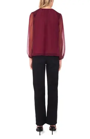 Vince Camuto Sheer Sleeve Tie Neck Top - Boysenberry