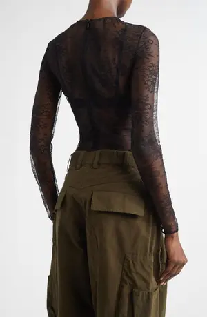 Dolce & Gabbana Long Sleeve Sheer Floral Lace Bodysuit - Nero