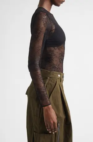 Dolce & Gabbana Long Sleeve Sheer Floral Lace Bodysuit - Nero