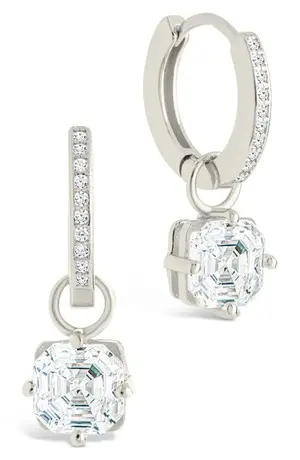 Sterling Forever Asscher Cubic Zirconia Drop Hoop Earrings - Silver