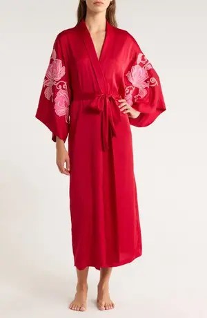Natori Floral Embroide Satin Robe - Red