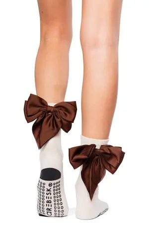 AREBESK Anna Bow Grip Crew Socks - Cream-brown