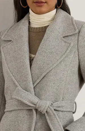 Ralph Lauren Longline Wrap Coat - Grey/cream Herringbone
