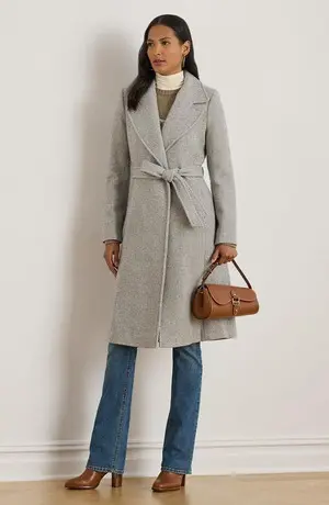 Ralph Lauren Longline Wrap Coat - Grey/cream Herringbone