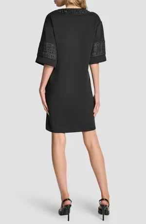 Dkny Embellished Neck Mixed Media Shift Dress