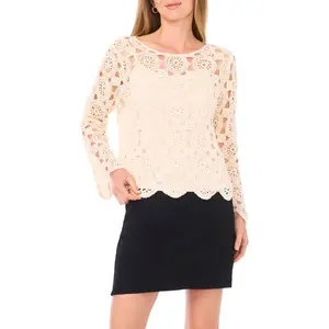 Vince Camuto Flare Sleeve Open Stitch Top - Natural