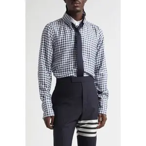 Thom Browne Gingham Straight Fit Convertible Silk Twill Button-down Shirt