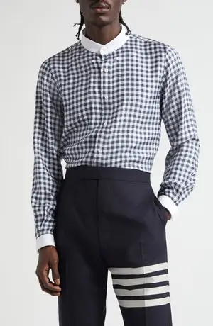 Thom Browne Gingham Straight Fit Convertible Silk Twill Button-down Shirt