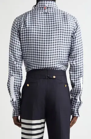 Thom Browne Gingham Straight Fit Convertible Silk Twill Button-down Shirt