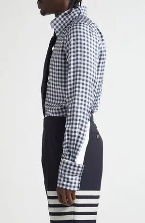Thom Browne Gingham Straight Fit Convertible Silk Twill Button-down Shirt