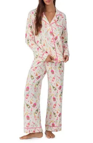 ROOM SERVICE Piped Jersey Pajamas - White/print