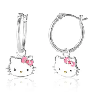 HELLO KITTY Silver Plated Crystal Charm Hoop Earrings - Silver/ White