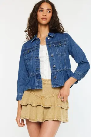 KANCAN Marilou Peplum Denim Jacket - Medium Wash