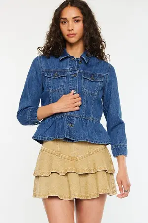KANCAN Marilou Peplum Denim Jacket - Medium Wash