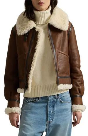 Polo Ralph Lauren Shearling Trim Leather Aviator Jacket - Brown/cream