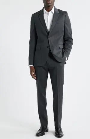 BOSS Houston Slim Fit Charcoal Grey Wool Blend Herringbone Suit