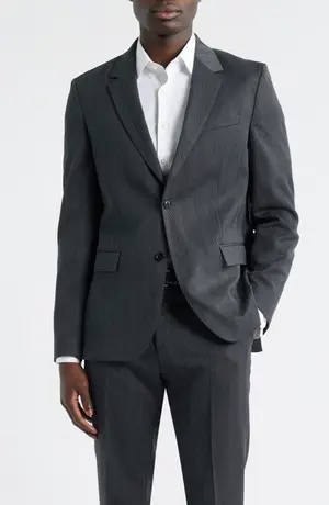 BOSS Houston Slim Fit Charcoal Grey Wool Blend Herringbone Suit