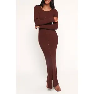 PETAL & PUP Long Sleeve Rib Knit Maxi Dress - Chocolate