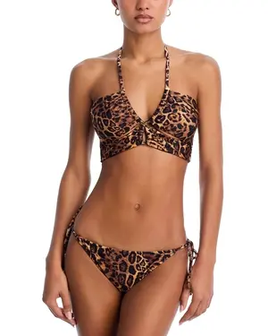 L'Agence Sirena Patch Leopard Halter Bra Bikini Top - Natural