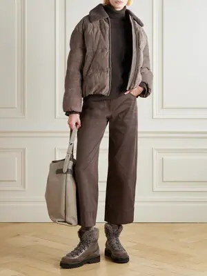 Brunello Cucinelli Bead-embellished Shearling-trimmed Padded Quilted Suede Down Jacket