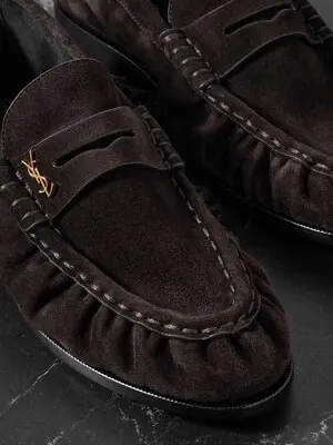 Saint Laurent Embellished Suede Loafers - Brown