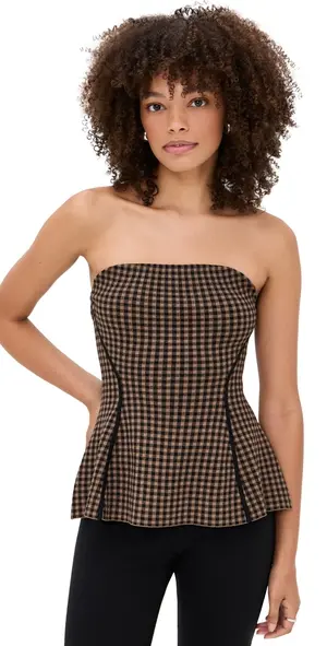 LE BOP Gingham Strapless Peplum Top - Chocolate/black