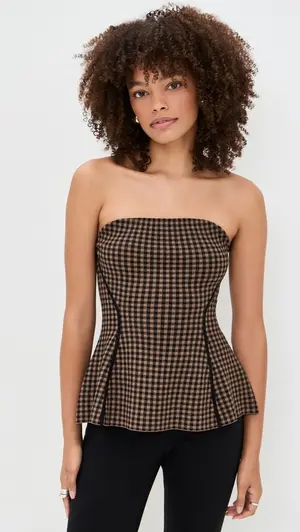 LE BOP Gingham Strapless Peplum Top - Chocolate/black