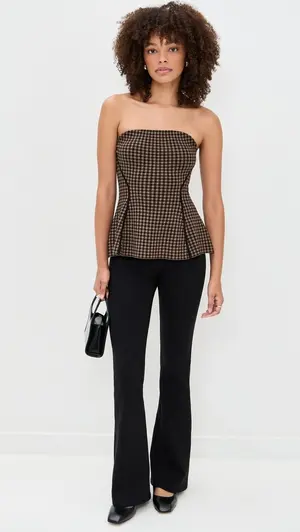 LE BOP Gingham Strapless Peplum Top - Chocolate/black