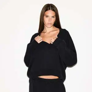 SKIMS Boyfriend Fleece Oversized V Neck Pullover - Washed Onyx