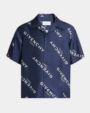 Givenchy Silk All-over Logo Bowling Shirt - Navy