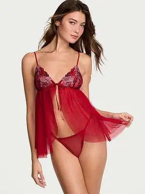 Victoria's Secret Dream Angels Beautiful Bows Embroidery Tulle Babydoll Set - Print