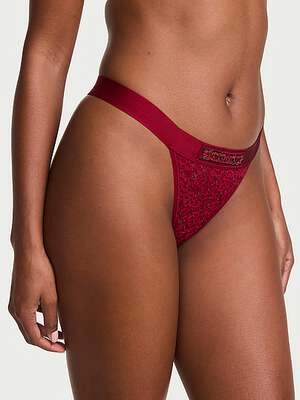 Victoria's Secret Cotton Lace Shine Logo V-string Panty - Red