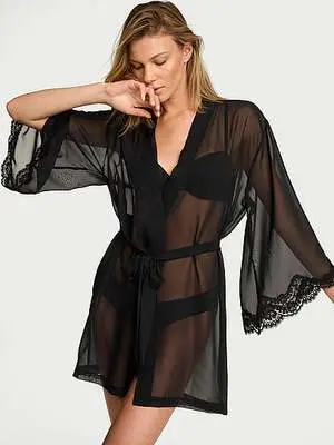 Victoria's Secret Dream Angels Chiffon & Lace Short Robe - Black