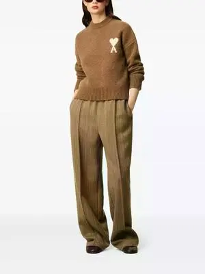 Ami Herringbone Wool Trousers - Brown