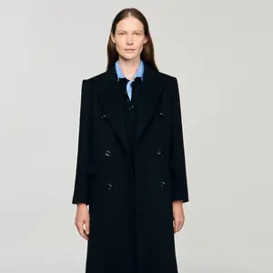 Sandro Long Wool Double-breasted Coat - Black