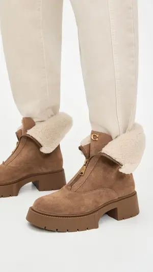 COACH Leah Platform Suede Shearling Booties