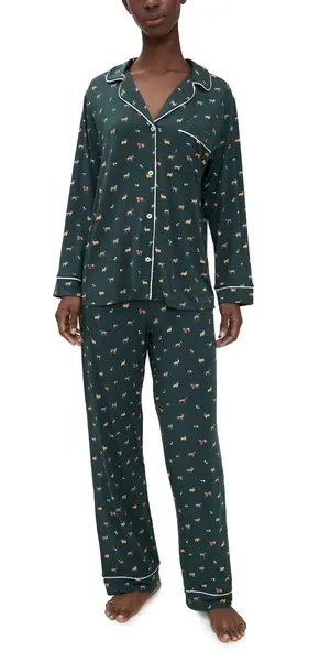 Eberjey Gisele Printed Long Pajama Set - Holiday Dogs Pine/ivory