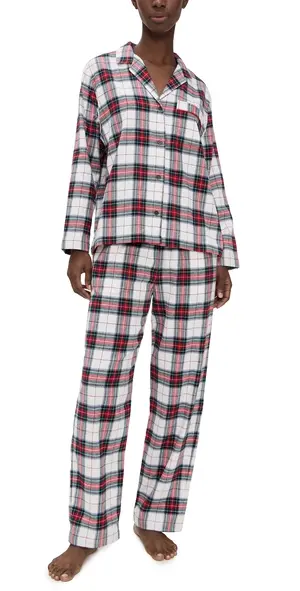 Eberjey Flannel Long Pajama Set - Tartan Plaid Ivory/holly Red