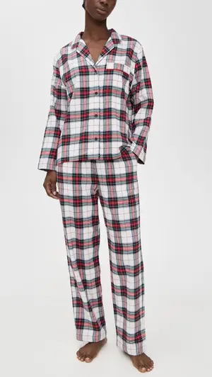 Eberjey Flannel Long Pajama Set - Tartan Plaid Ivory/holly Red
