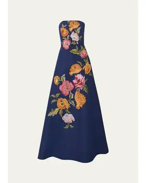 Carolina Herrera Strapless Floral Embroidered A-line Gown - Midnight Multi