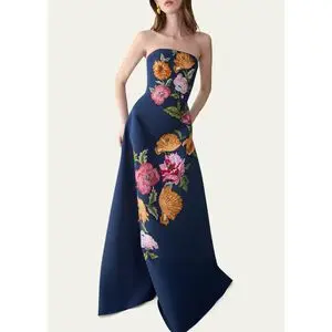 Carolina Herrera Strapless Floral Embroidered A-line Gown
