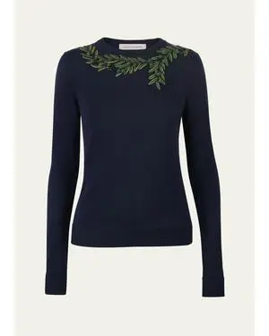 Carolina Herrera Olive Branch Embroidered Sweater - Midnight Multi